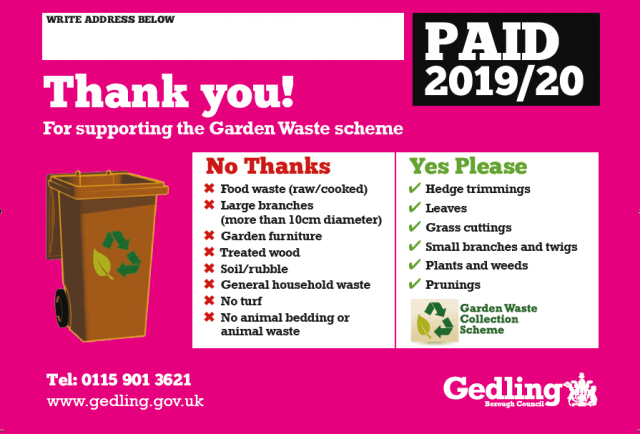 Pink sticker reminder for garden waste collection customers from ...